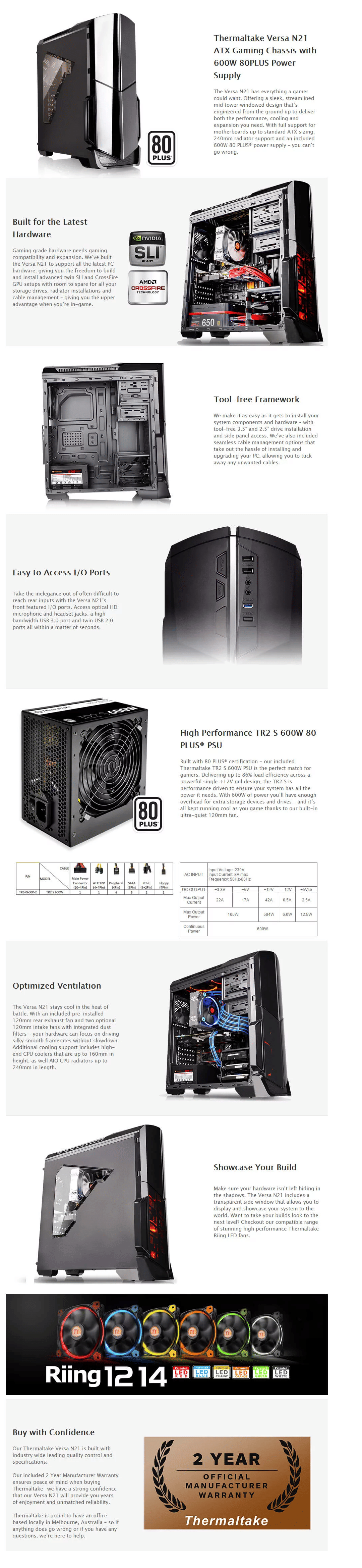 Thermaltake Versa N21 Mid Tower Case with 600W 80+ PSU