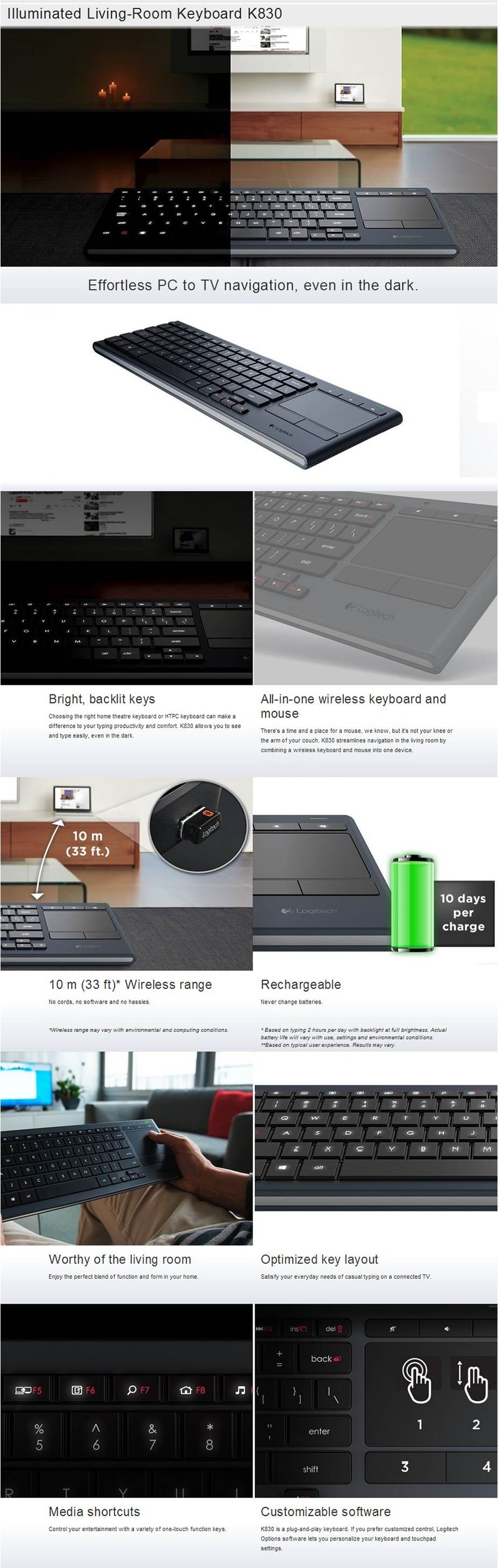 Logitech K830 Wireless Illuminated Living Room Keyboard