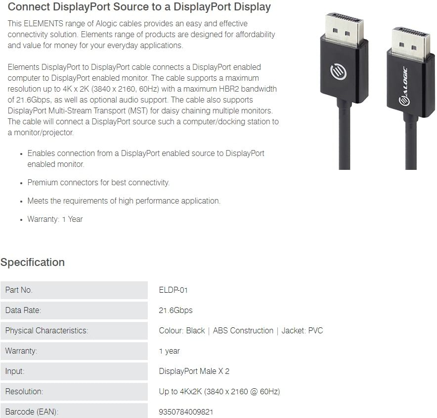 Alogic 2m DisplayPort to DisplayPort Cable