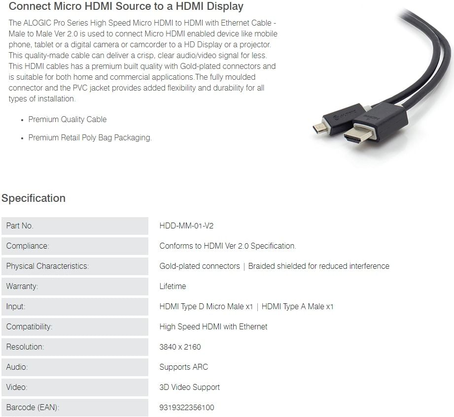 Alogic 3m Micro HDMI to HDMI Cable | HDD-MM-03-V2