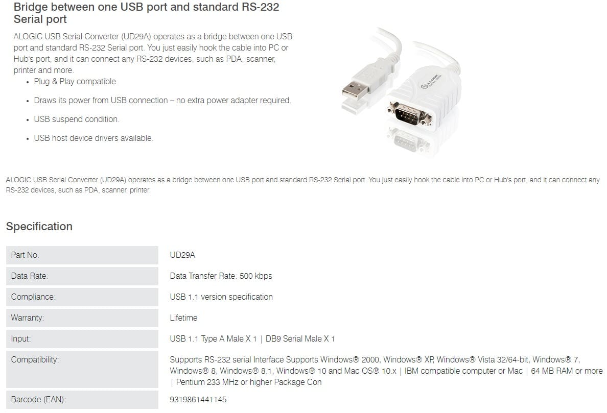 Alogic USB 2.0 to RS-232 Serial Converter