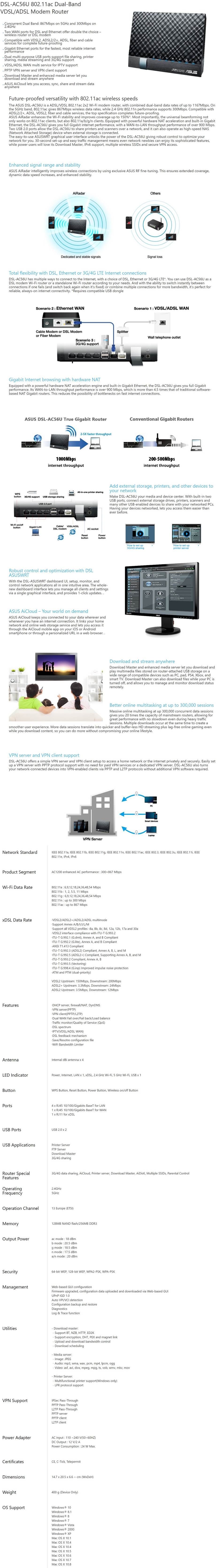 Asus DSL-AC56U AC1200 ADSL/VDSL Modem Router