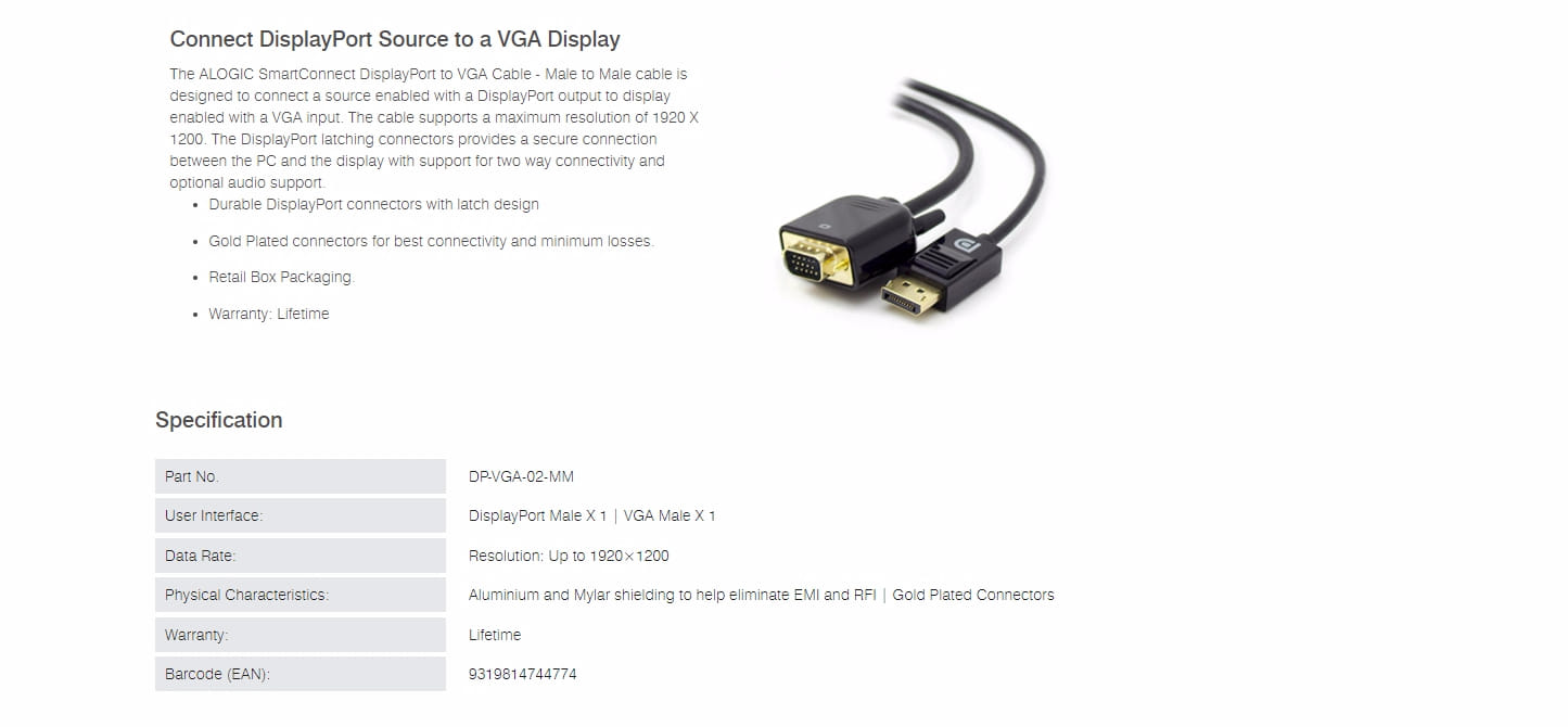 ALOGIC SmartConnect 2m DisplayPort to VGA Cable Male to Male