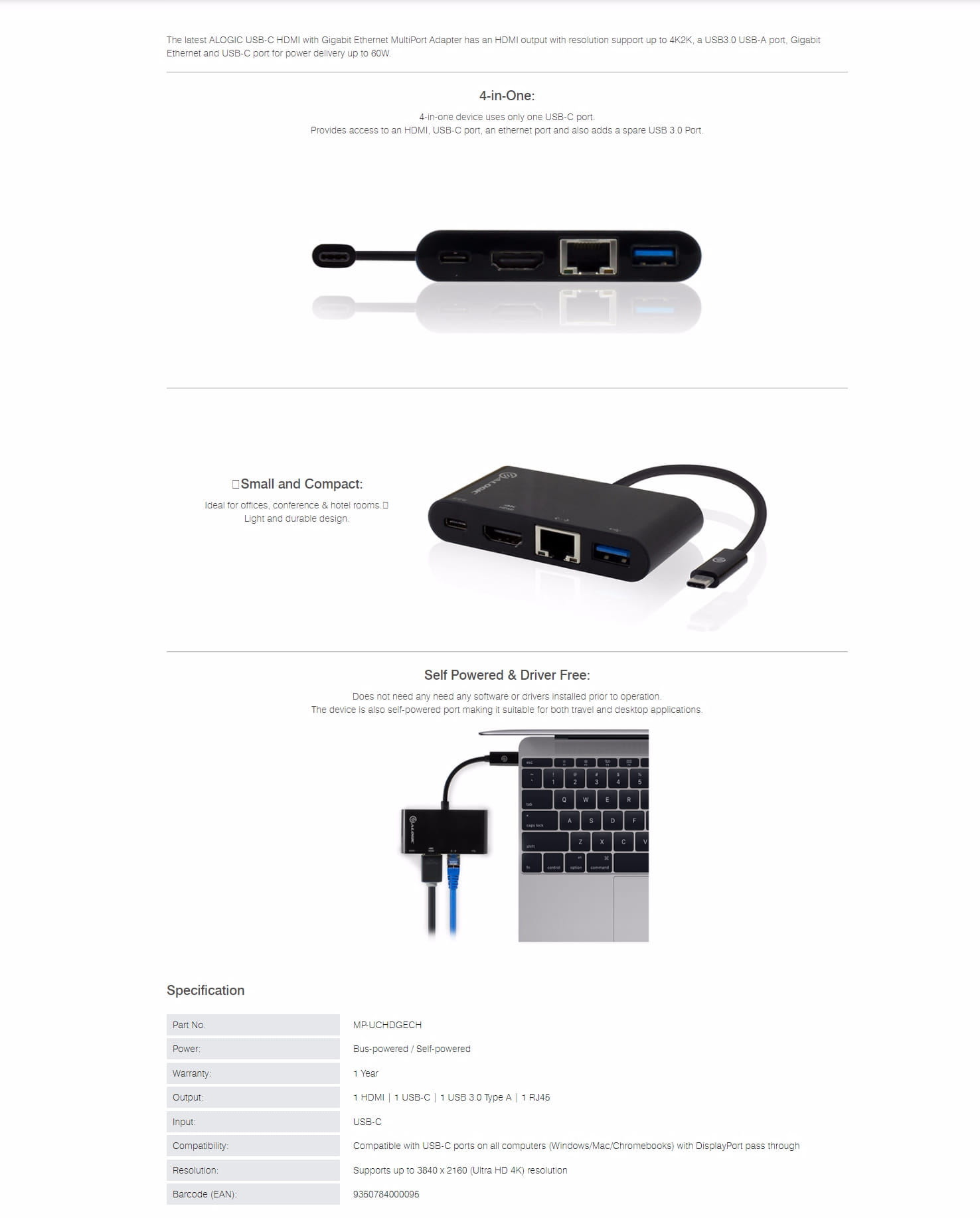 ALOGIC USB-C MultiPort Adapter with HDMI/USB 3.0/Gigabit Ethernet/USB-C ...