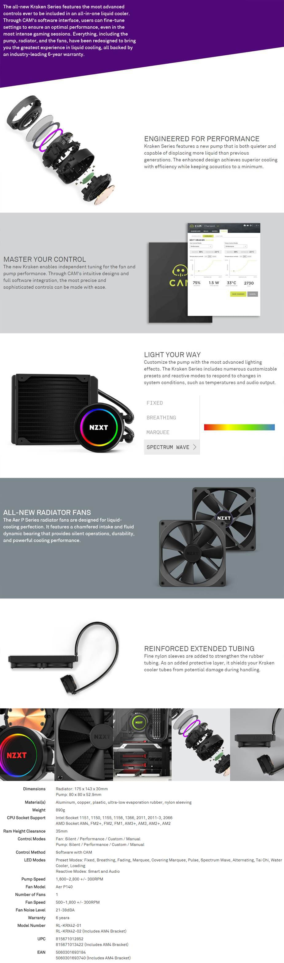 NZXT Kraken X42 140mm AIO Liquid CPU Cooler with AM4 Bracket