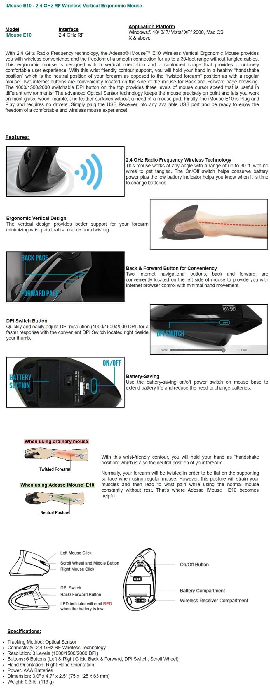 Adesso 2.4 GHz RF Wireless Vertical Ergonomic Mouse (IMouse-E10)