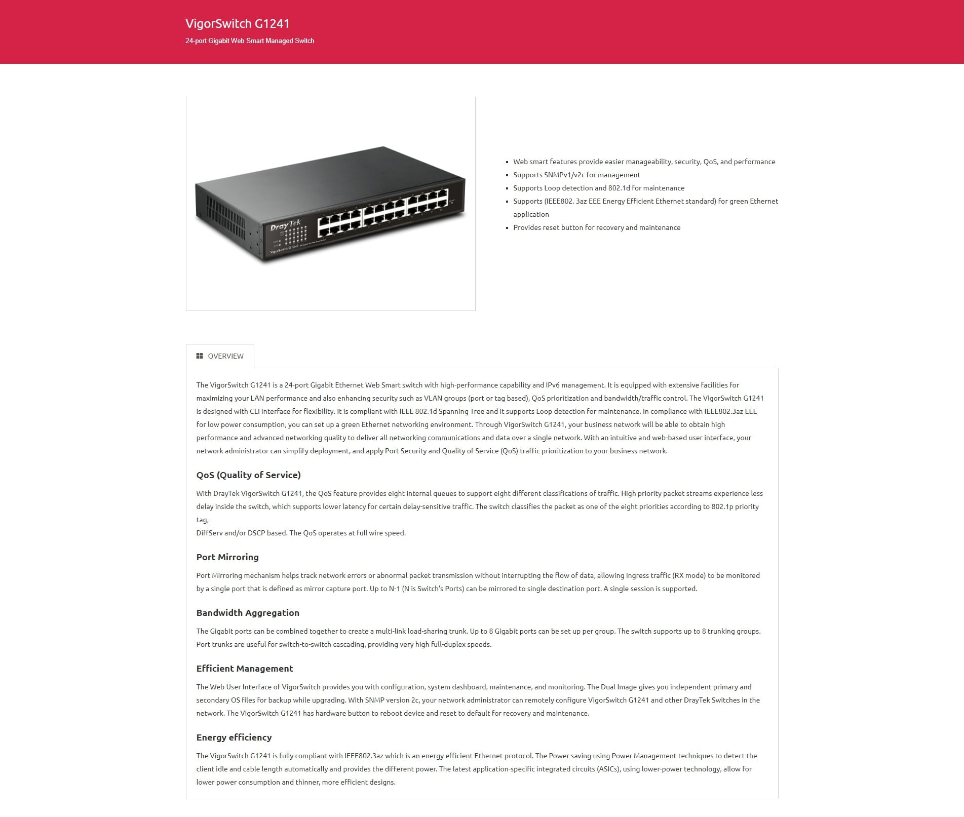 DrayTek Vigor Switch G1241 24-Port Gigabit Ethernet Web Smart Switch