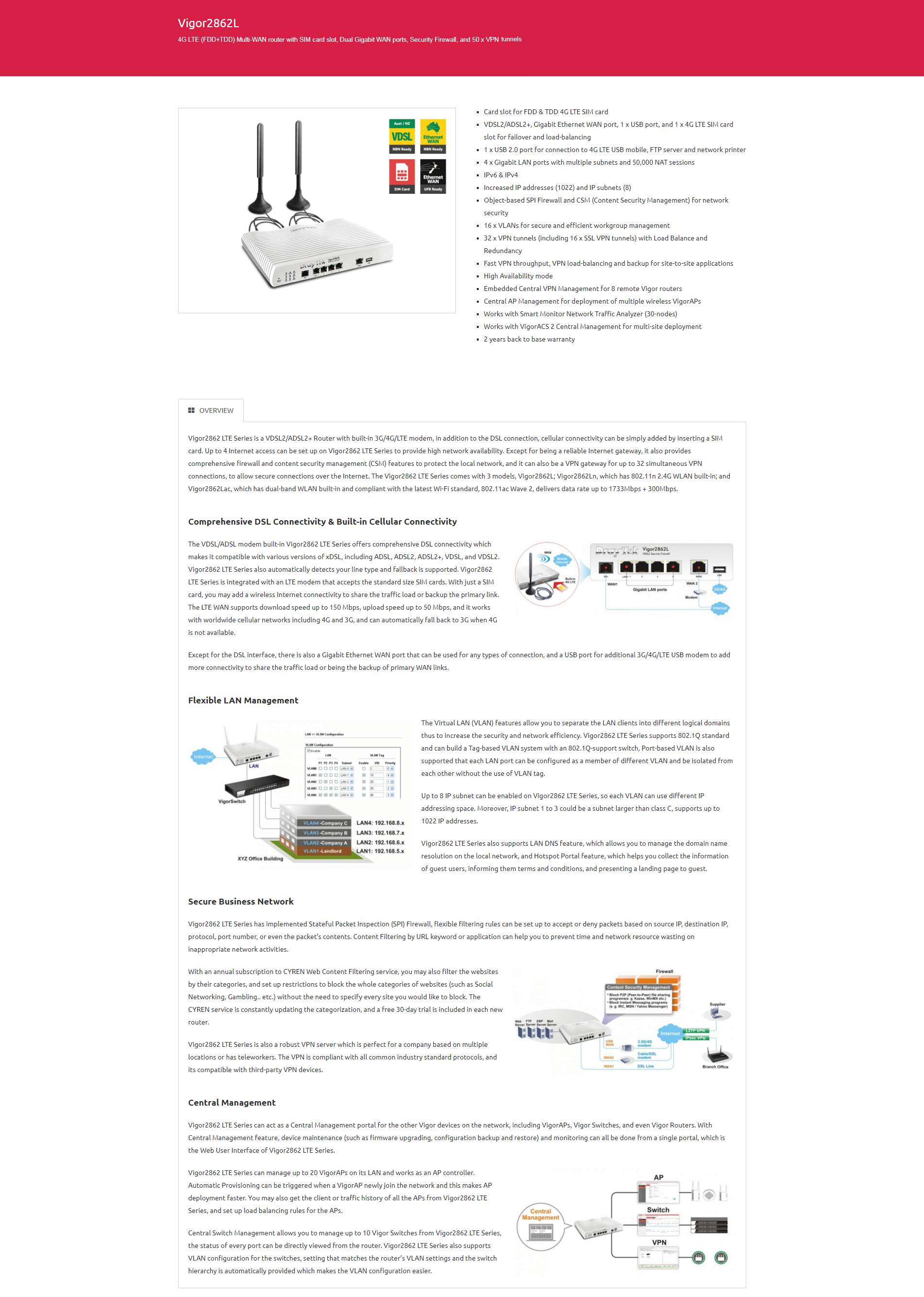 DrayTek Vigor 2862L Multi WAN 4G/LTE VDSL2/ADSL2+ Firewall QoS IPv6 ...