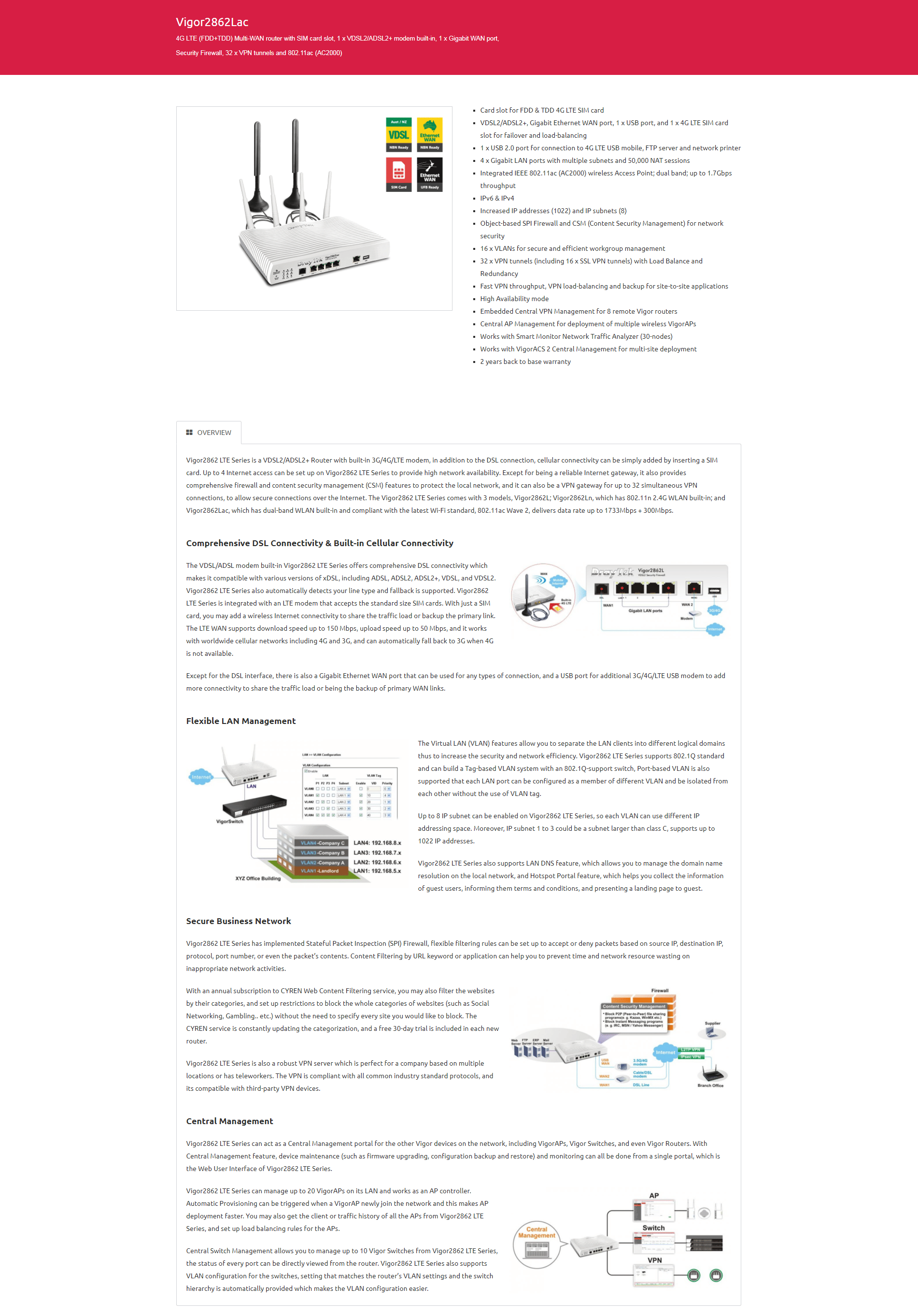 DrayTek Vigor 2862Lac AC2000 Multi WAN 4G/LTE VDSL2/ADSL2+ Firewall QoS ...