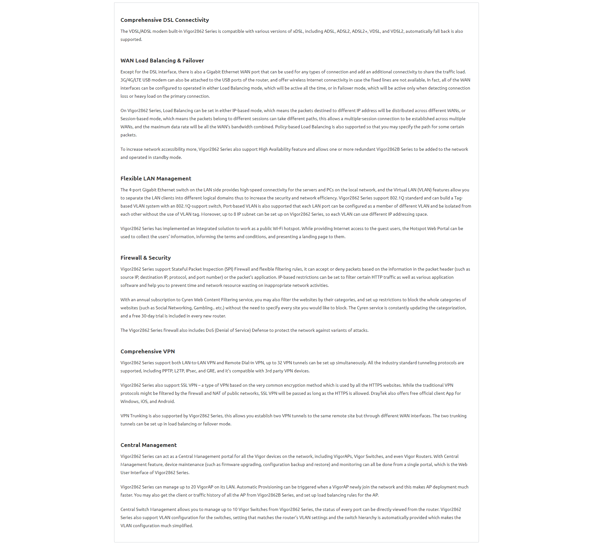 DrayTek Vigor 2862ac AC2000 Multi-WAN VDSL2/ADSL2+ Firewall QoS IPv6 ...