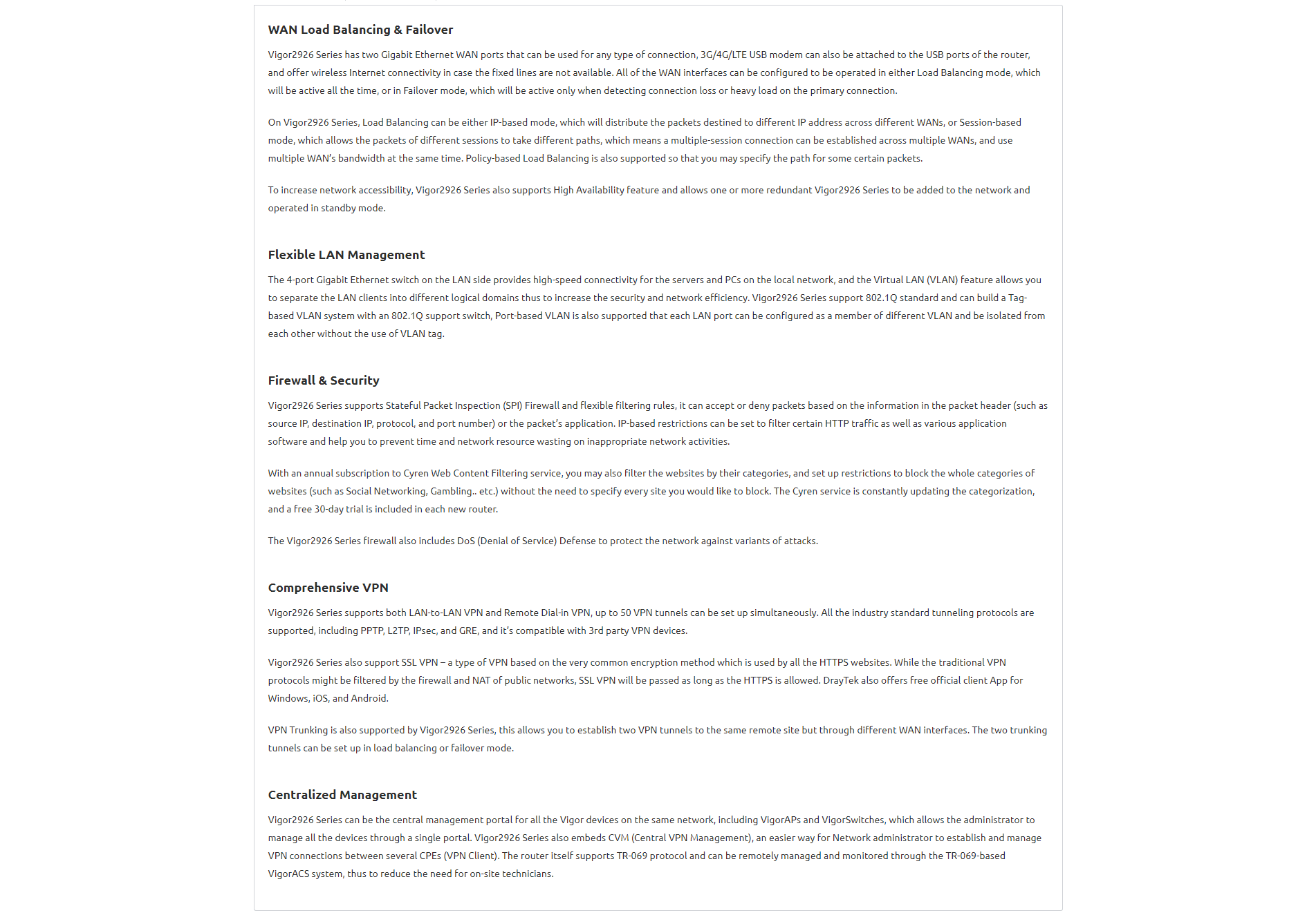 DrayTek Vigor 2926 Dual Gigabit Broadband Firewall QoS IPv6 Router