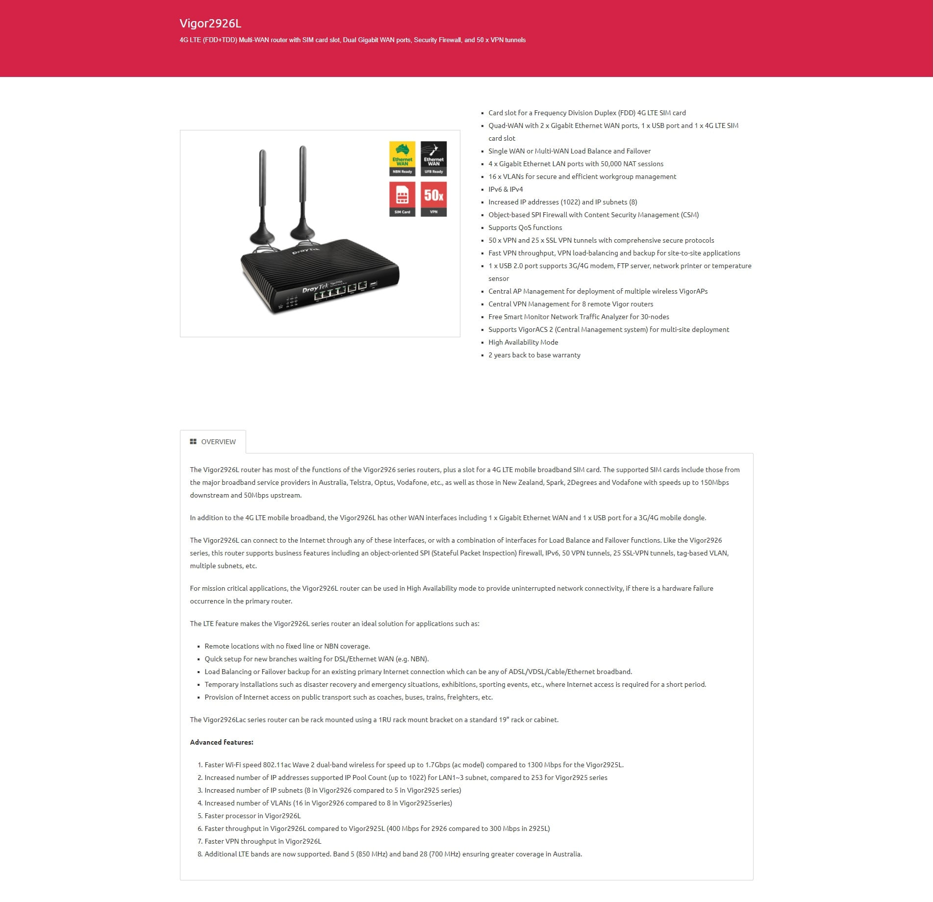 DrayTek Vigor 2926L Multi WAN Router With LTE SIM Card Slot