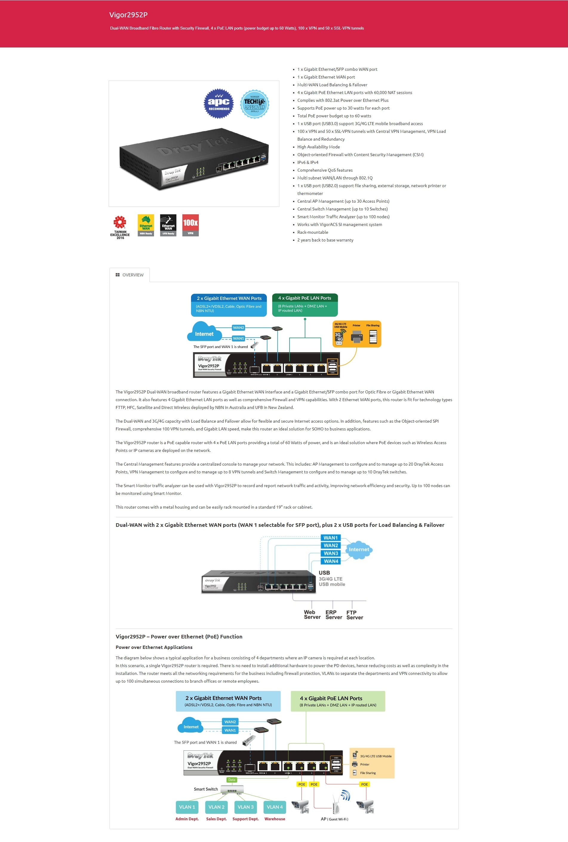 DrayTek Vigor 2952P Dual-WAN Firewall QoS IPv6 Broadband Router With ...