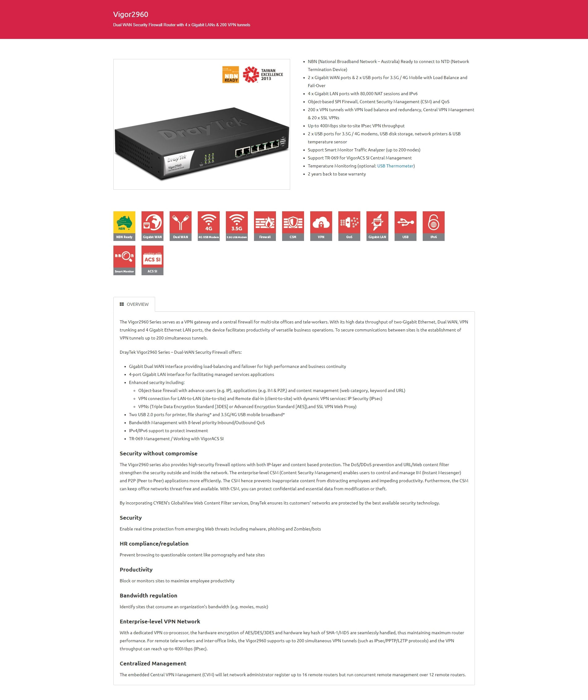 DrayTek Vigor 2960 Dual Gigabit Broadband Firewall QoS IPv6 Router