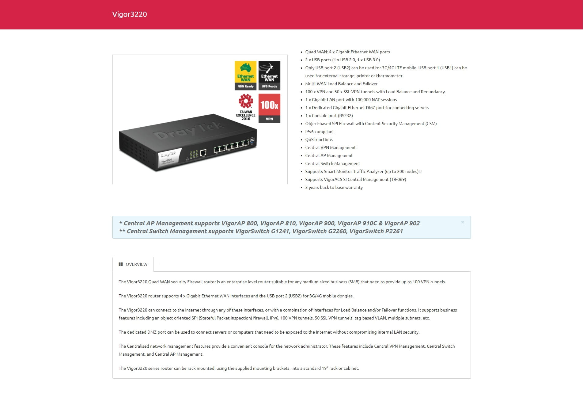 DrayTek Vigor 3220 Quad Gigabit Broadband Firewall QoS IPv6 Router