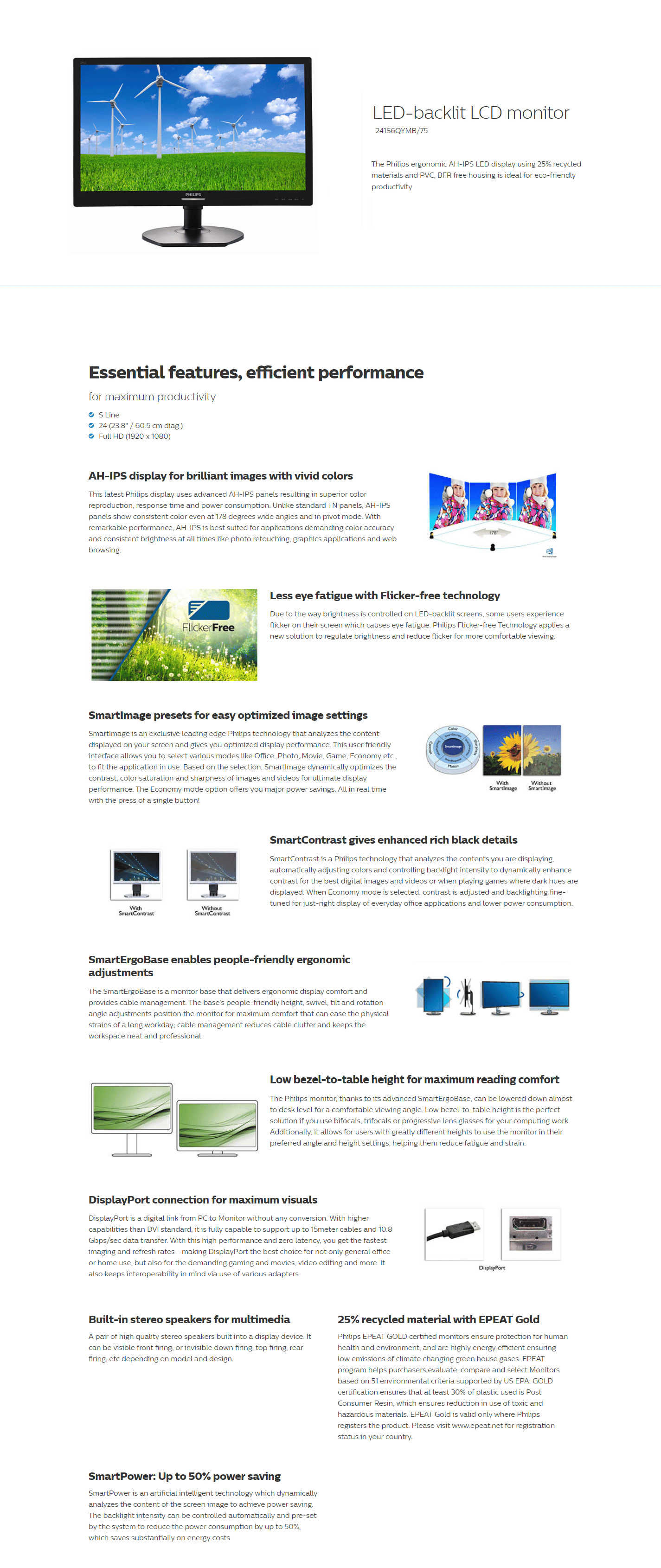 (Manufacturer Refurbished) Philips 241S6QYMB 24" FHD LED LCD Monitor