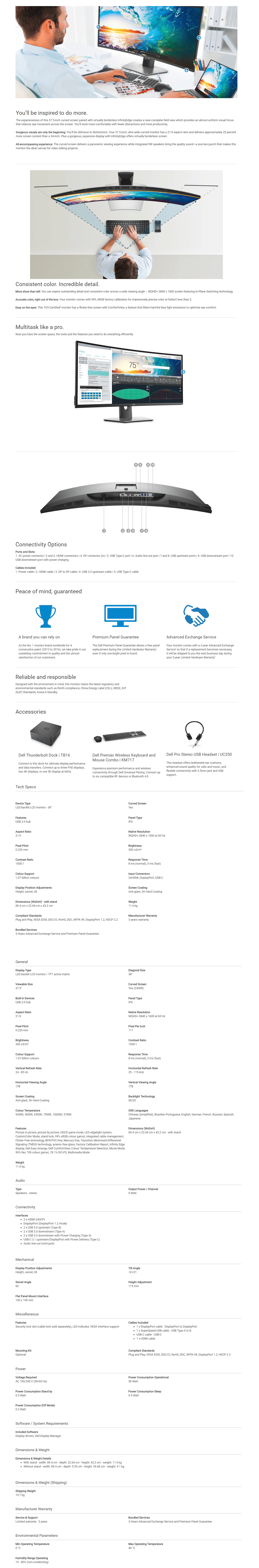 DELL U3818DW 38" UltraSharp Curved Monitor,3840x1600 HDMI DP