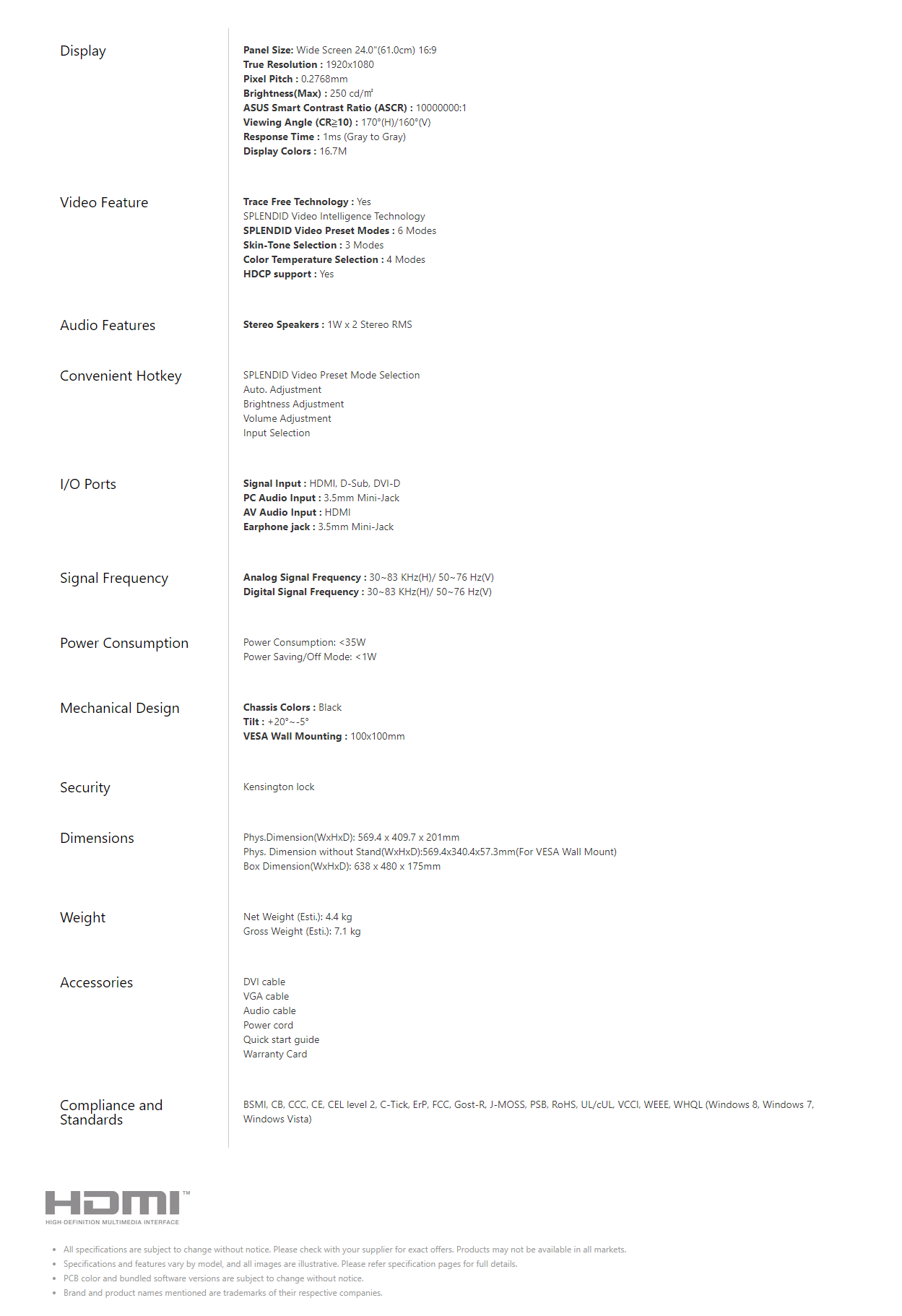 Asus VE248HR 24" FHD 1ms Gaming Monitor