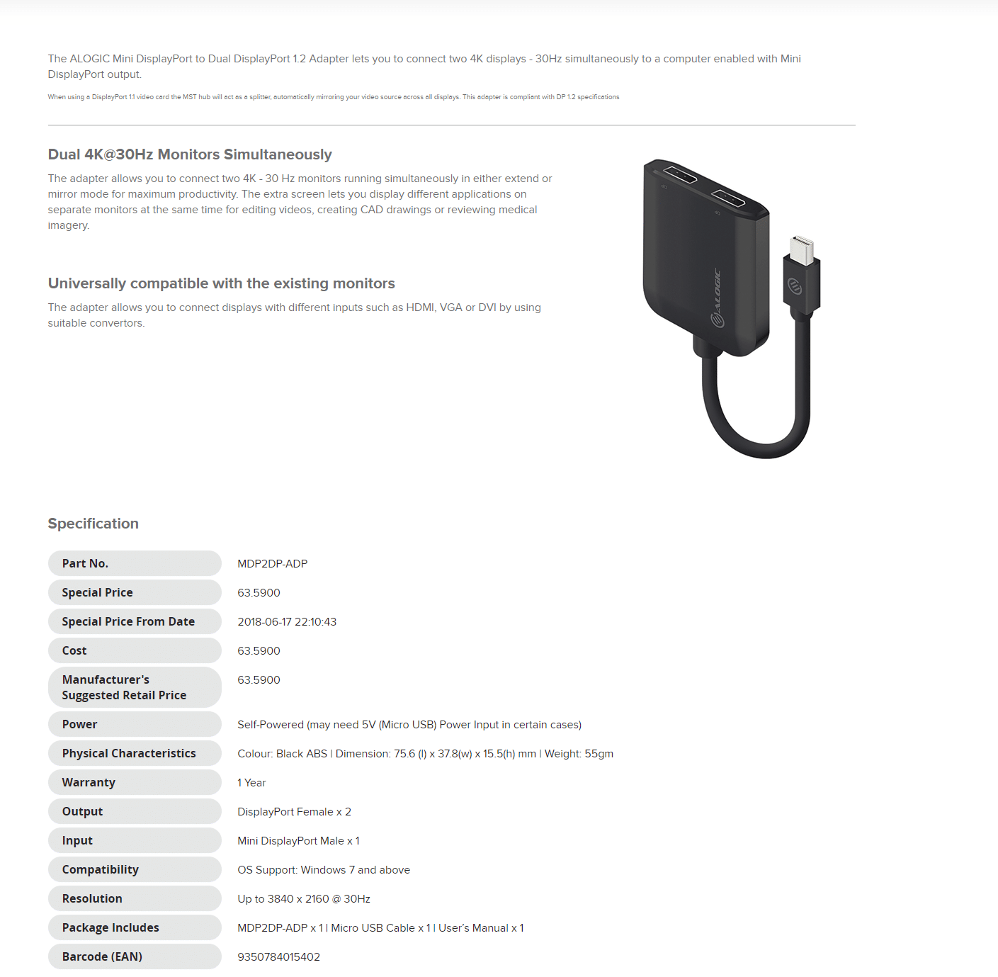 Alogic Mini DisplayPort to Dual DisplayPort 1.2 Adapter - 4K 30Hz Black
