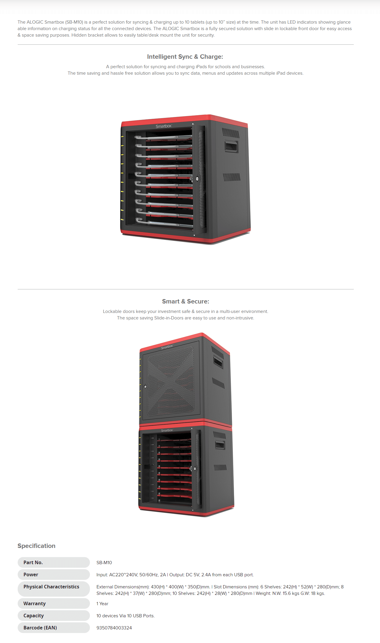 Alogic Smartbox 10 Bay Android and iPad SYNC & CHARGE Cabinet