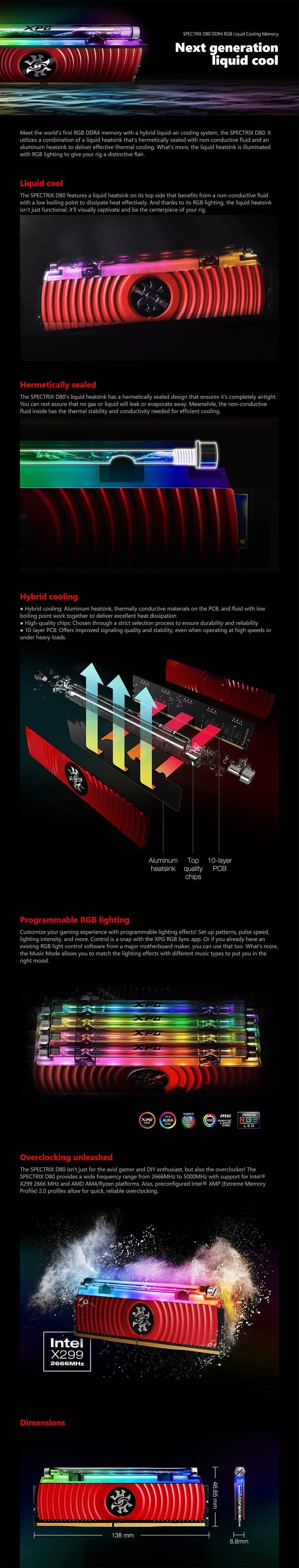 ADATA XPG Spectrix D80 Liquid-Cooled RGB 16GB (2x 8GB) 3600MHz DDR4 Memory