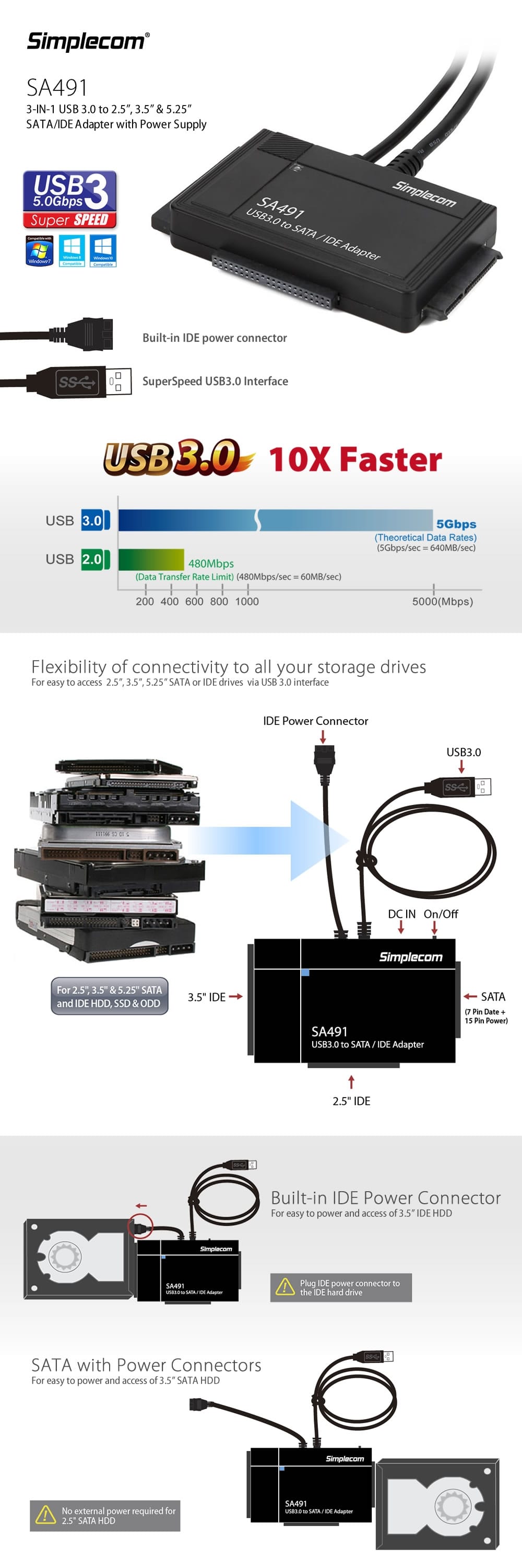 Simplecom 3-IN-1 USB 3.0 to SATA/IDE Power Supply Adapter