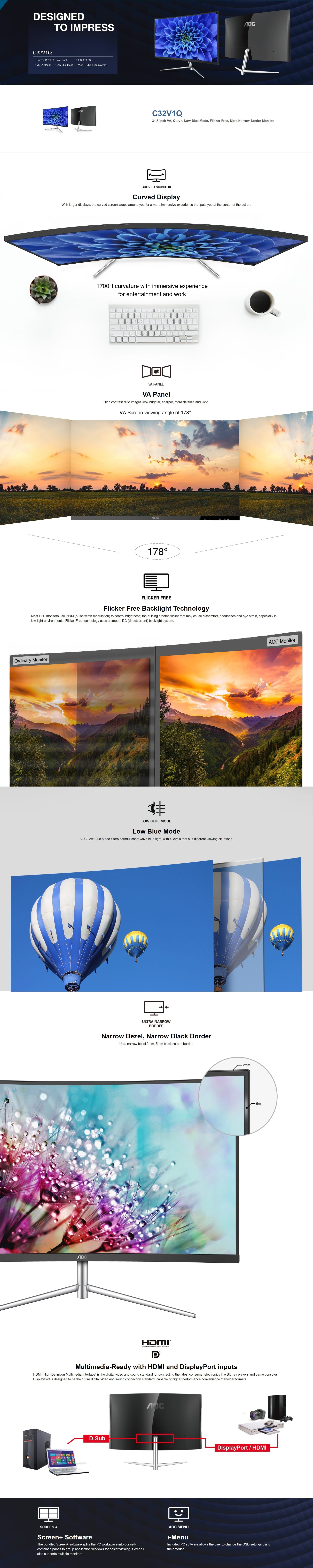 AOC C32V1Q 31.5'' FHD Curved Low Blue Mode Monitor