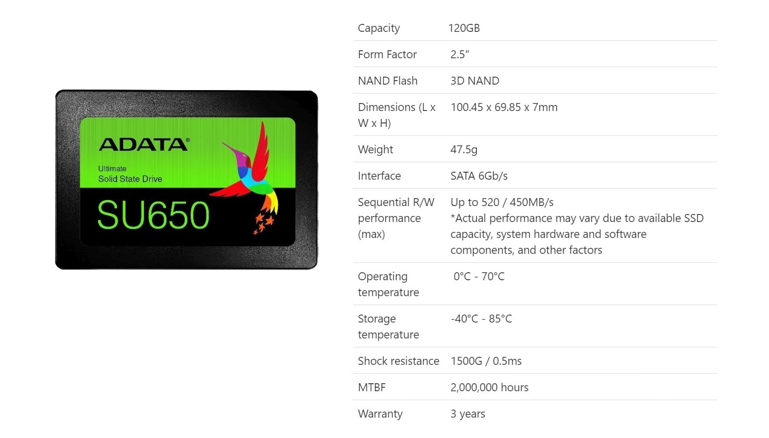 ADATA SU650 120GB SATA 2.5" SSD - Black