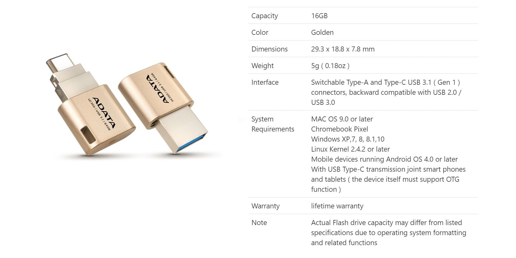 ADATA UC350 16GB USB-C OTG FLASH DRIVE USB 3.1