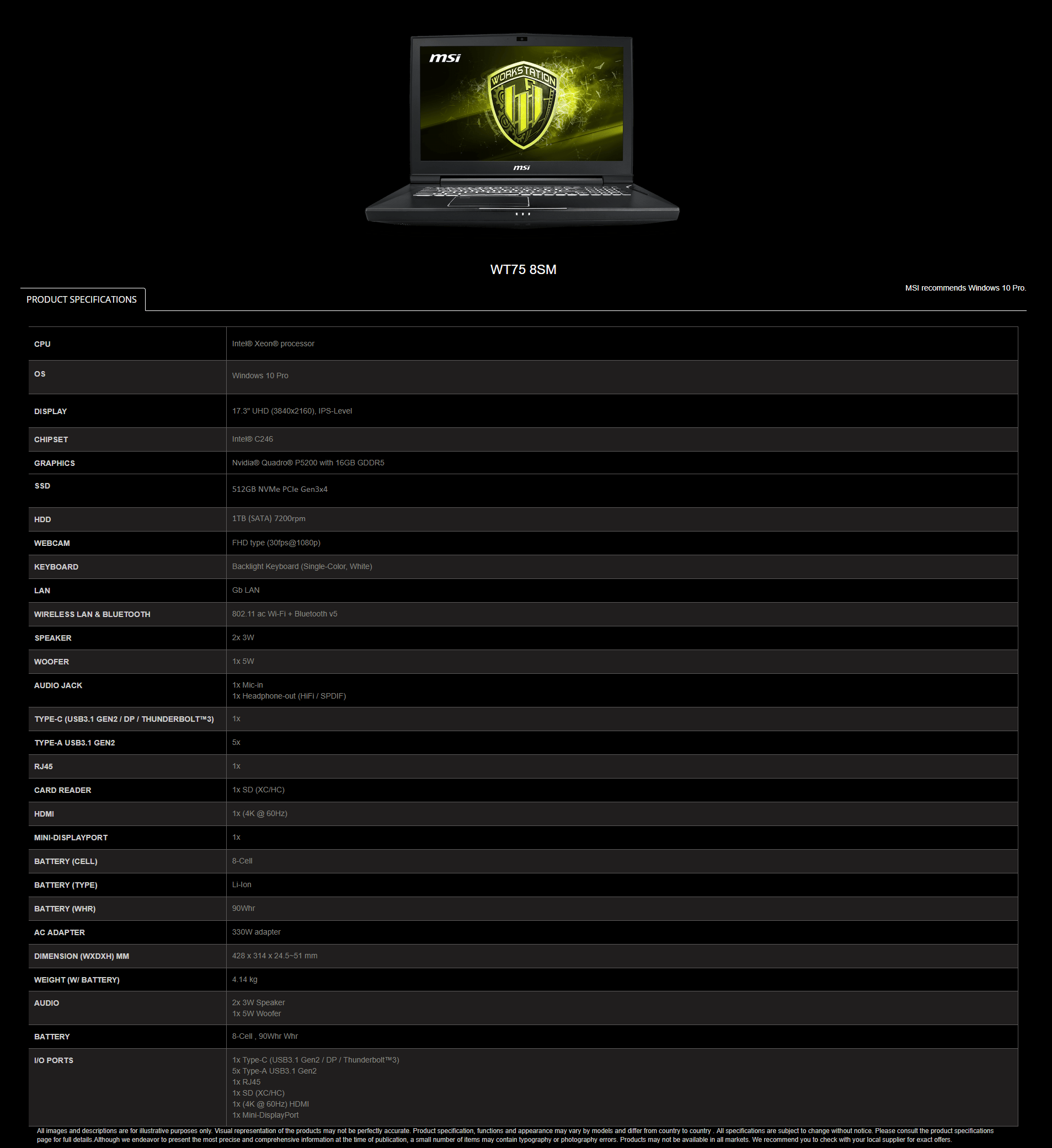 MSI WT75 8SM 17.3'' 4K Laptop, Xeon E-2176G, 32GB, 512GB+1TB, Windows ...