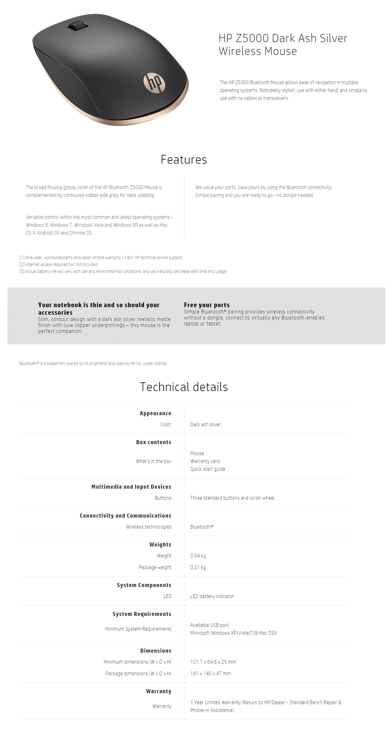 HP Z5000 Silver Bluetooth Mouse