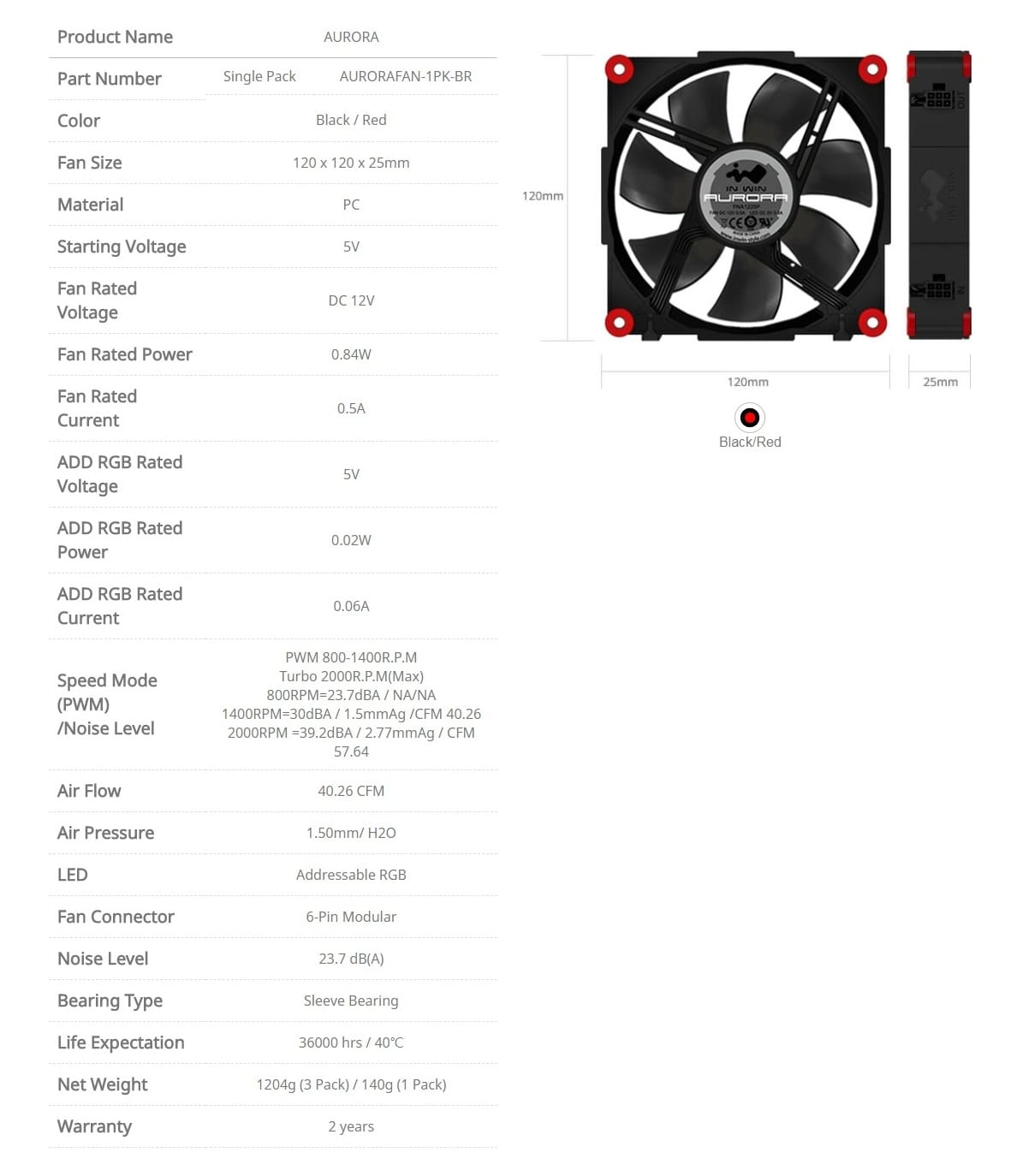 InWin Aurora RGB Fan - Black/Red