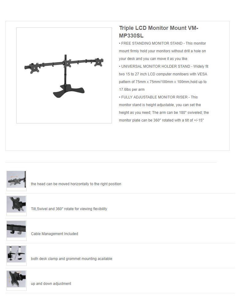 Vision Mounts VM-MP330S Triple LCD Monitor Mount
