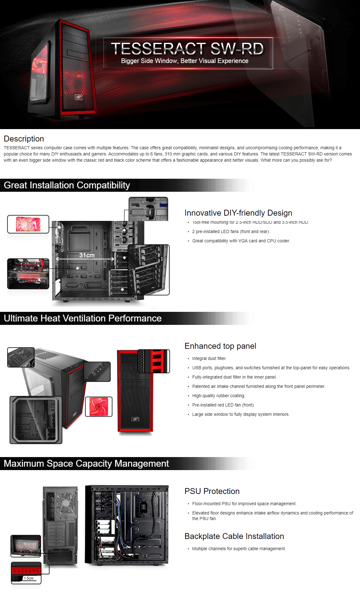 Deepcool Tesseract SW-RD Mid Tower Chassis Case - Black And Red