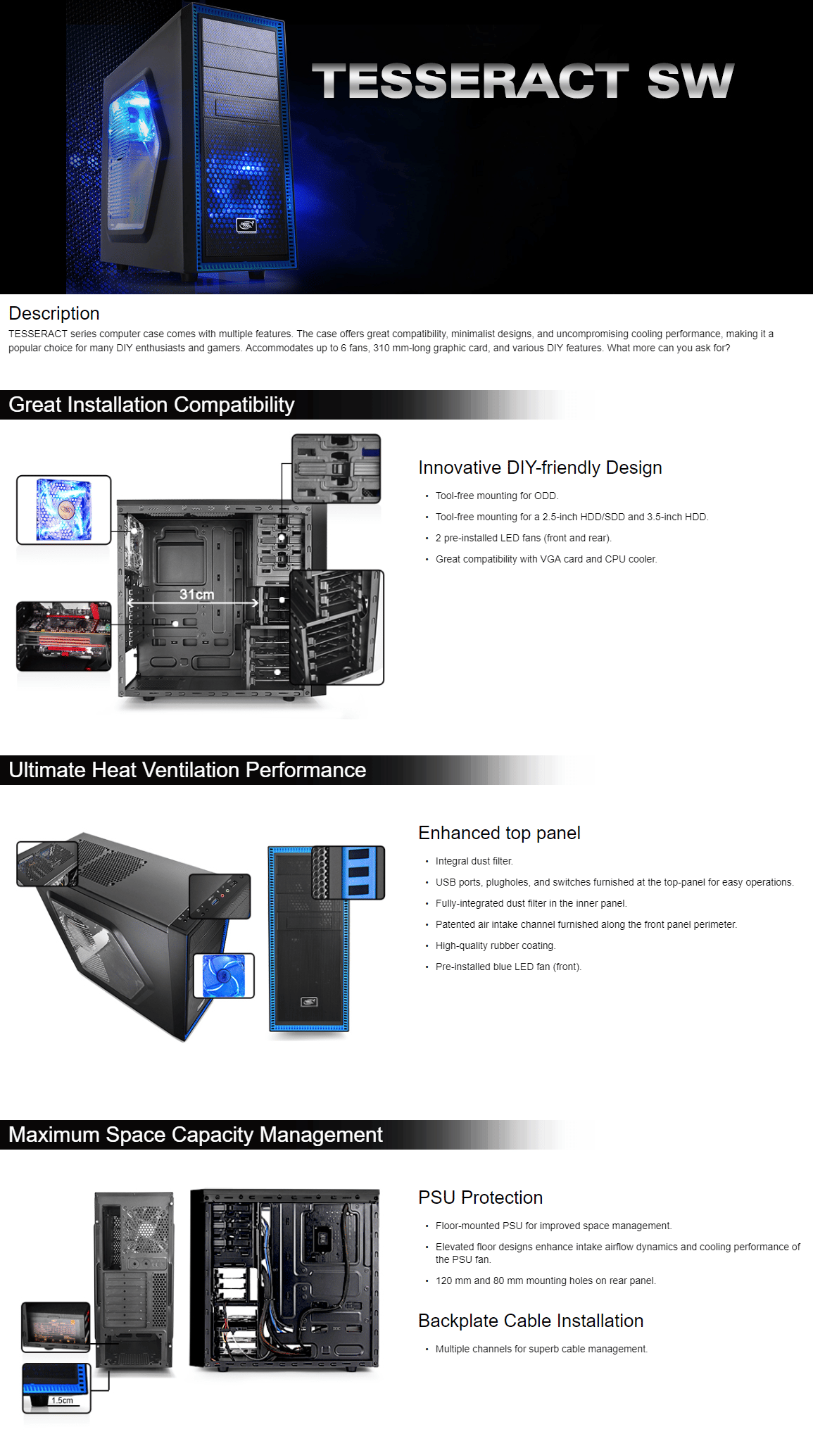 Deepcool Tesseract SW Mid Tower Chassis Case- Black And Blue