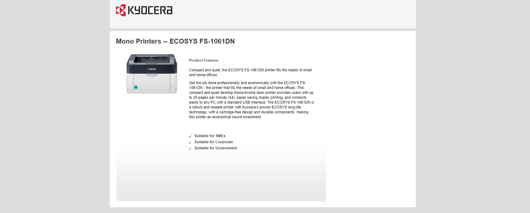 Kyocera 1102M33AS2 ECOSYS FS-1061DN Business Monochrome Laser Printer