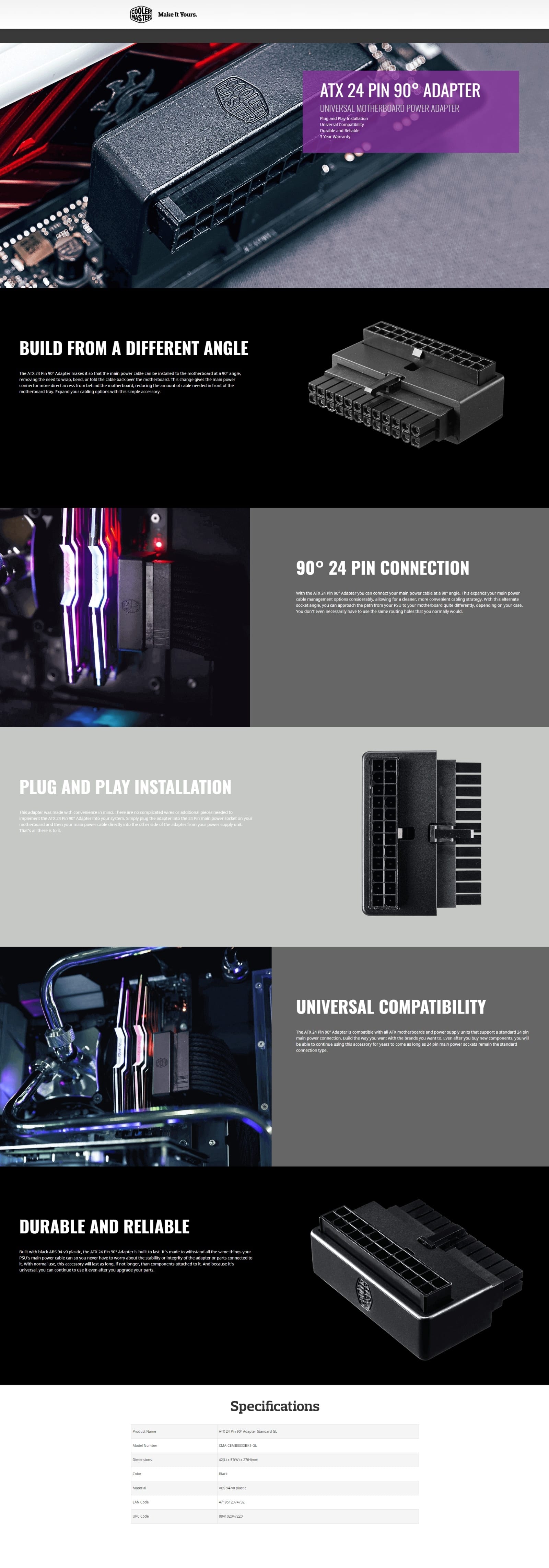 Cooler Master ATX 24 Pin 90 Degree Adapter