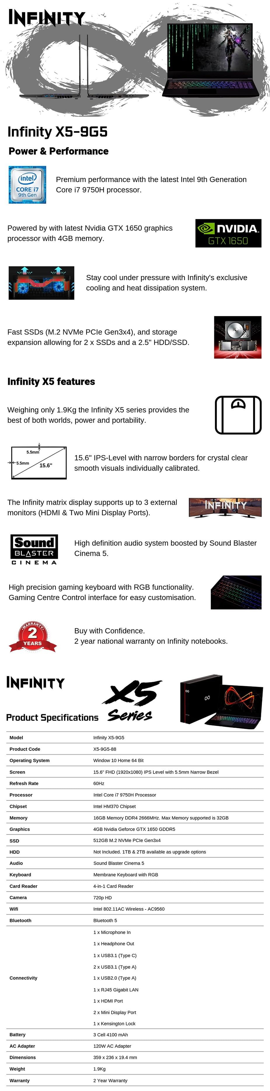 Infinity X5-9G5-88 15.6" Gaming Laptop, i7-9750H 16GB RAM 512GB SSD ...