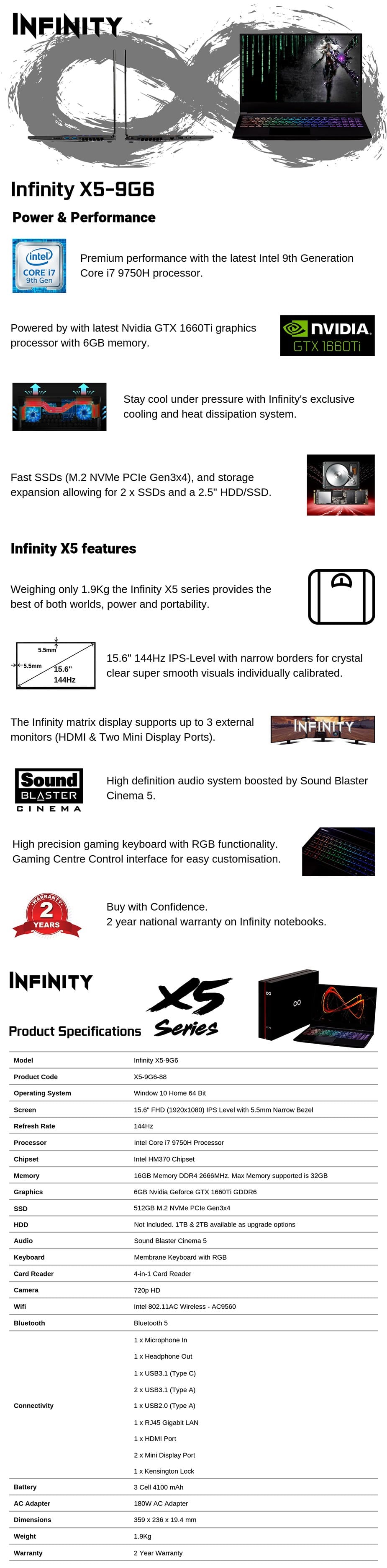 Infinity X5-9G6-88 15.6" 144Hz Gaming Laptop, i7-9750H 16GB SSD 512GB ...