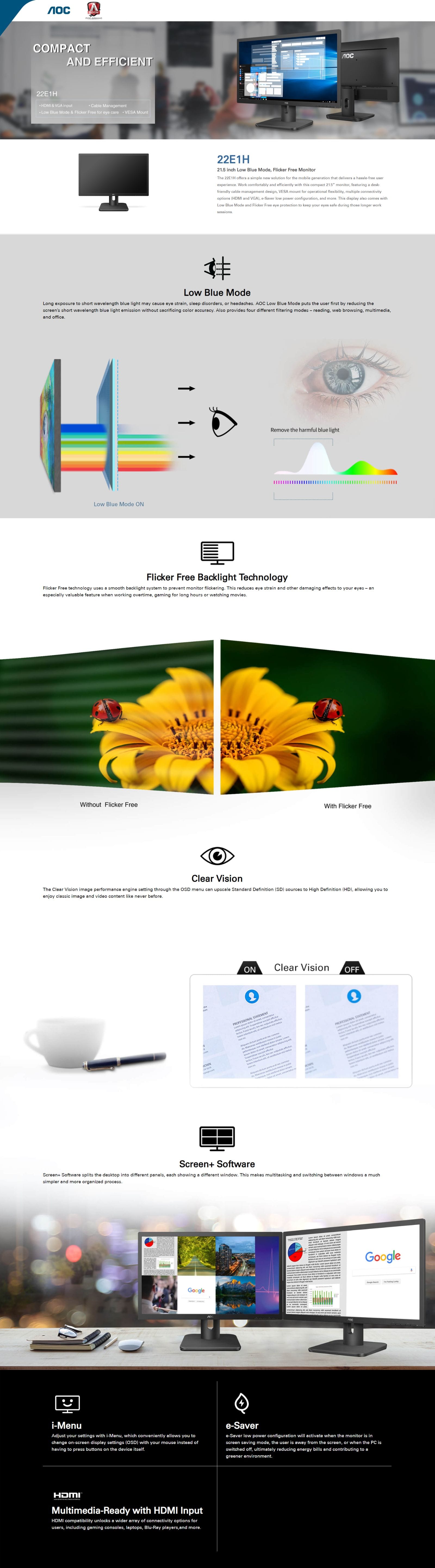 AOC 22E1H 21.5" FHD Low Blue Mode Flicker Free Monitor