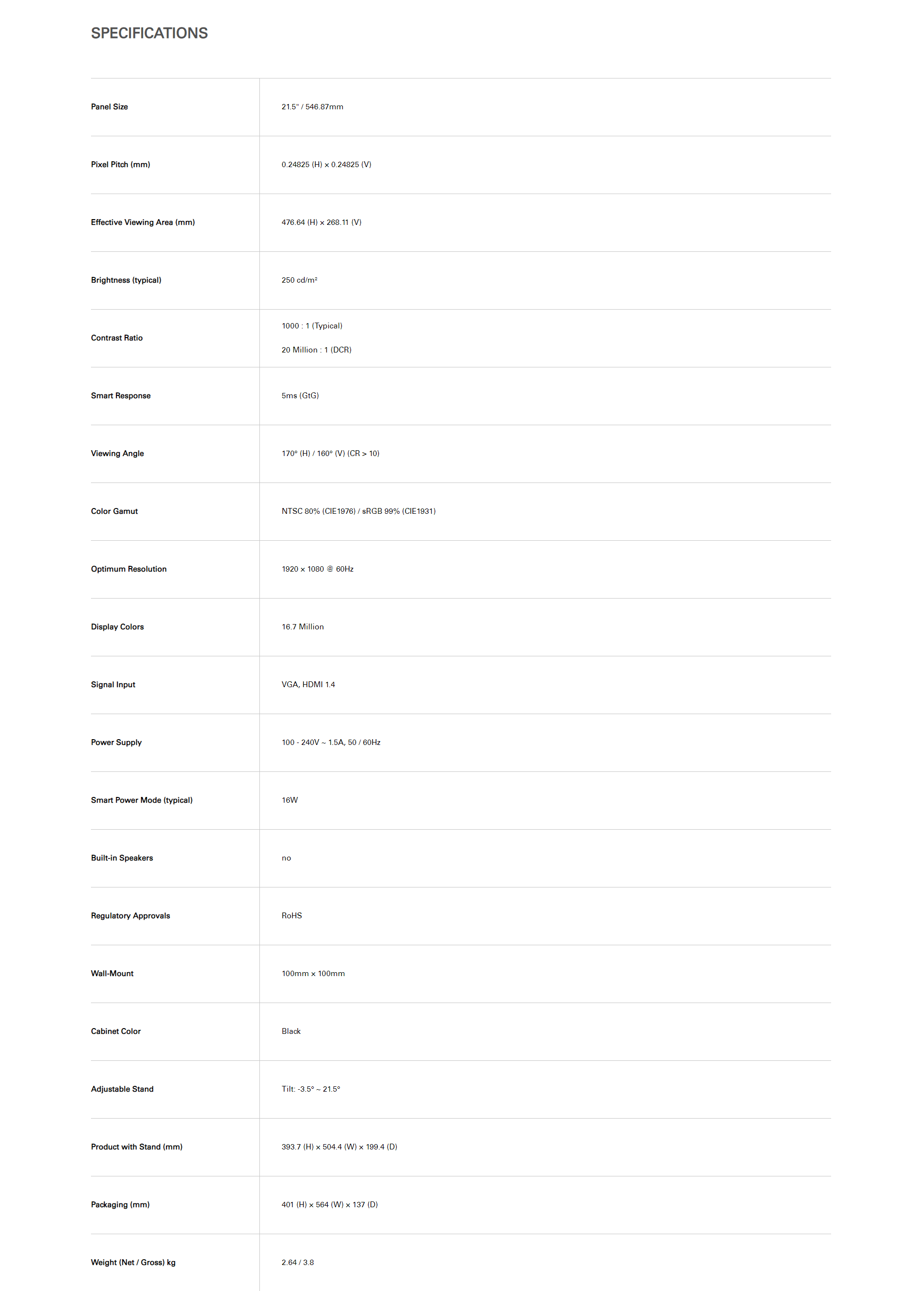 AOC 22E1H 21.5" FHD Low Blue Mode Flicker Free Monitor