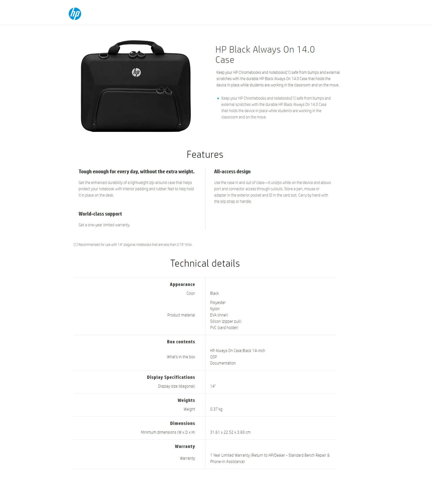 HP Black Always On 14.0 Case