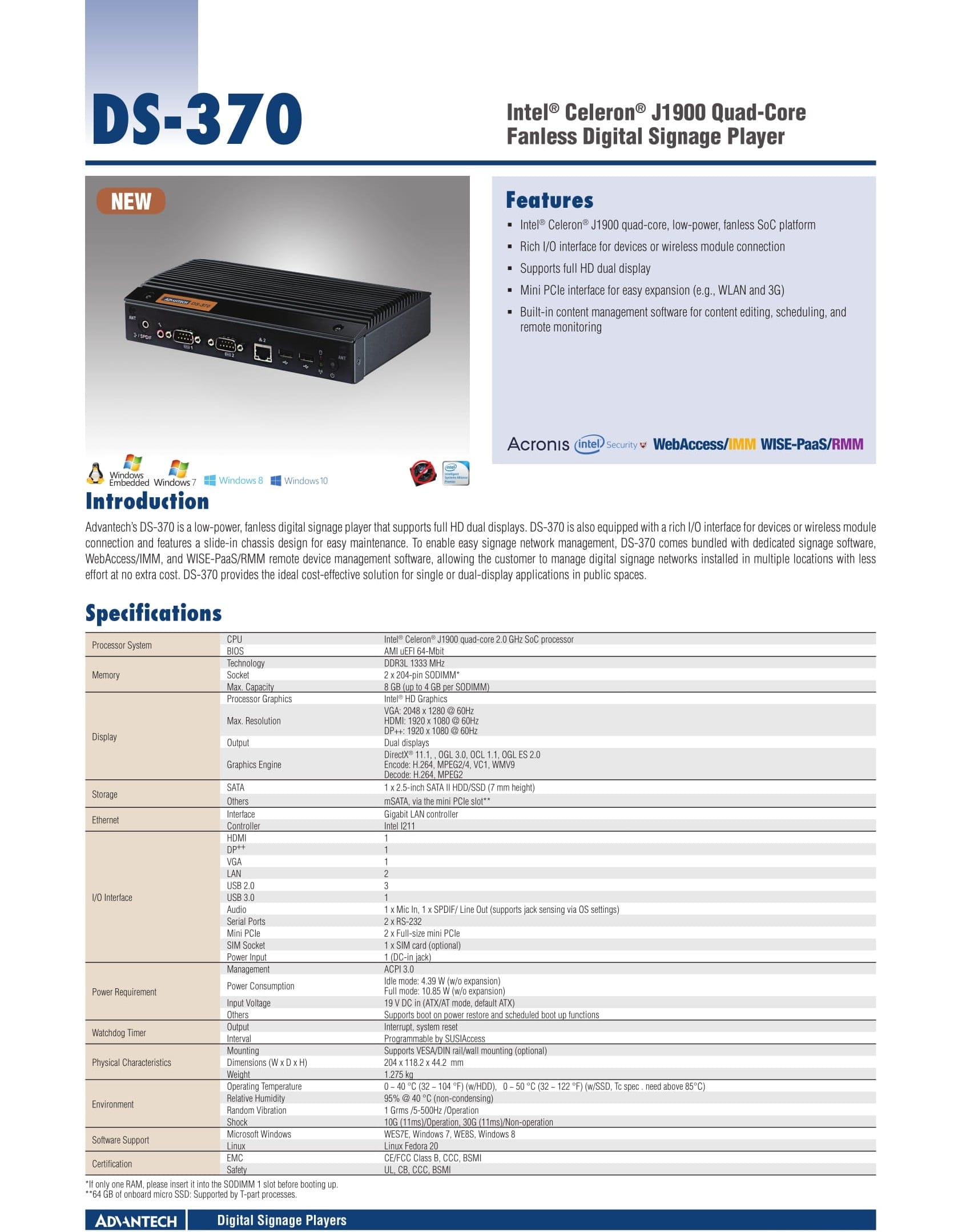 Advantech DS-370 Intel Celeron Quad Core J1900 Fanless Digital Signage Player