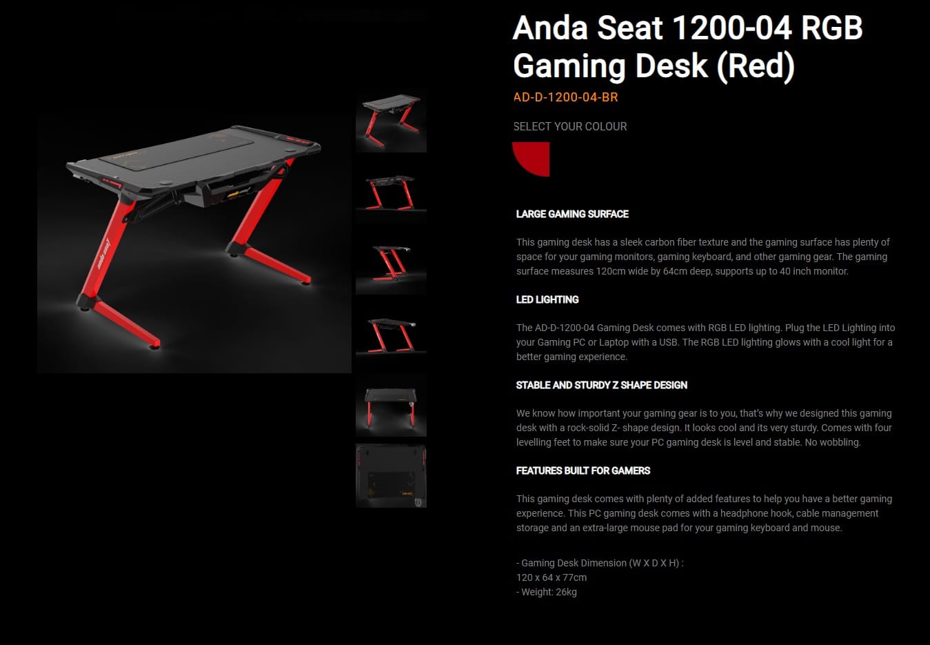 Anda Seat 1200-04 RGB Gaming Desk - Red