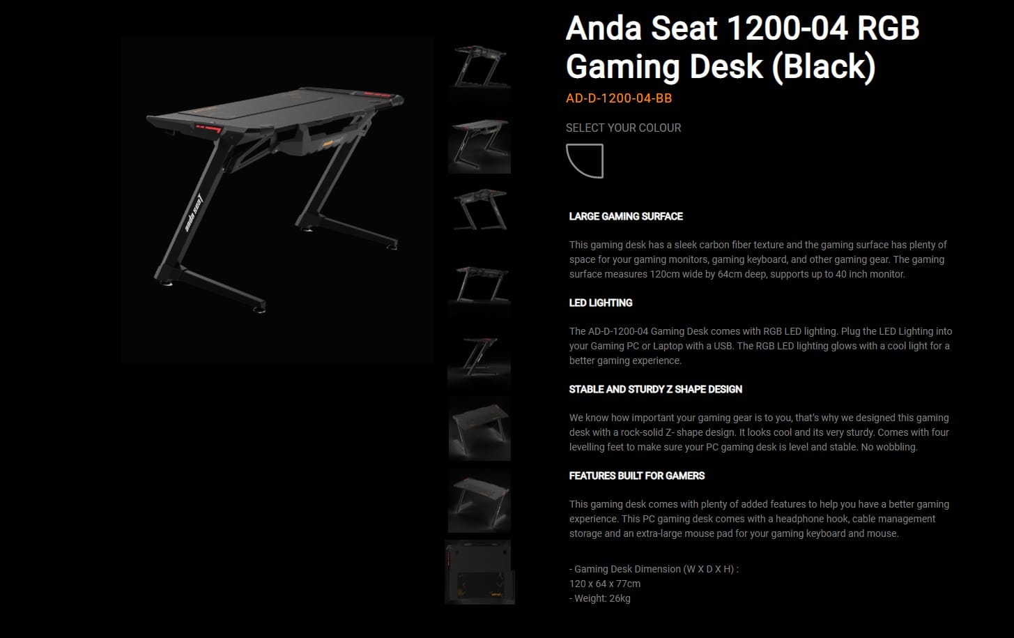 Anda Seat 1200-04 RGB Gaming Desk - Black
