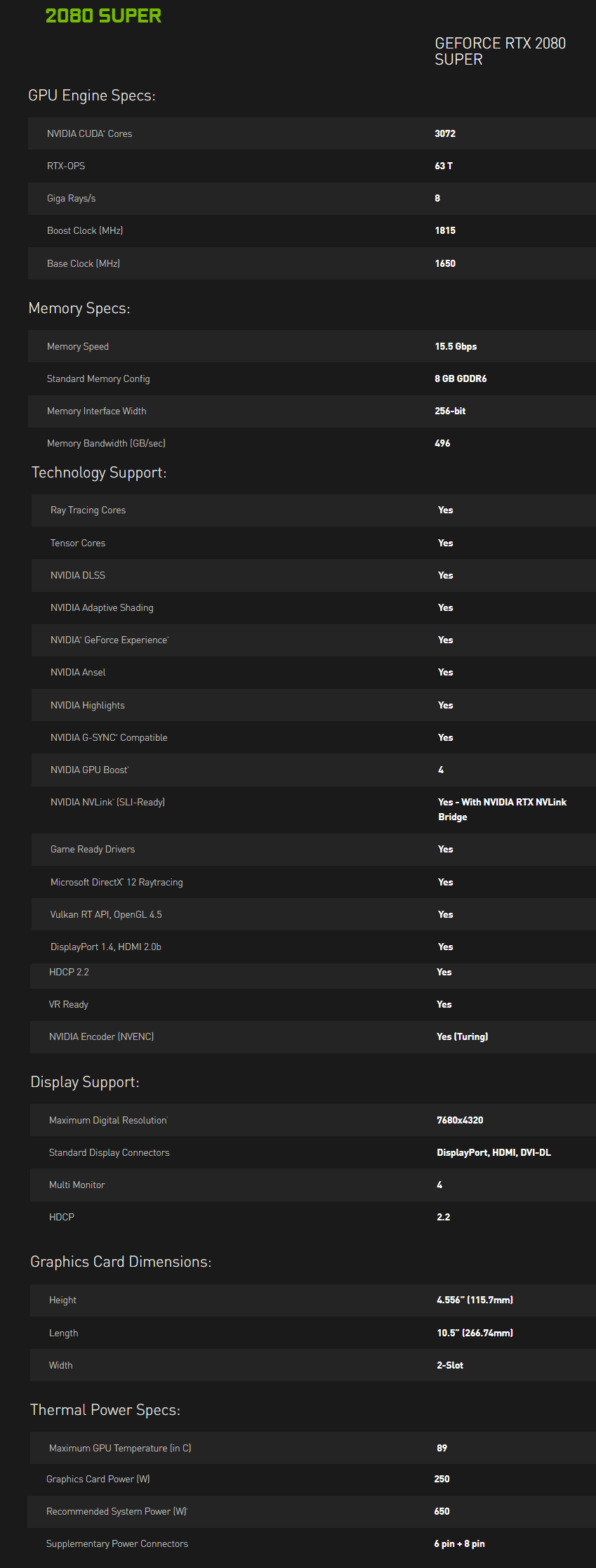 nVidia GeForce RTX 2080 Super 8GB Graphics Card