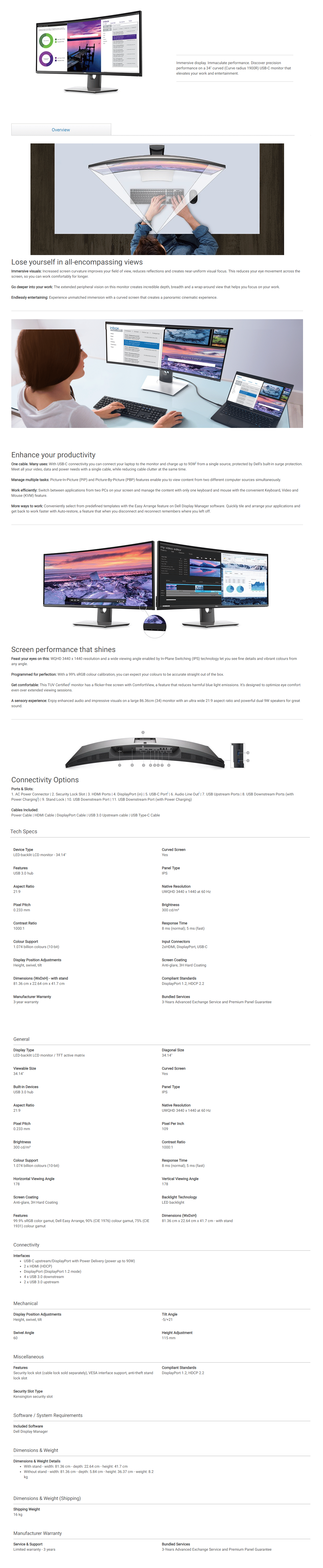Dell U3419W UltraSharp 34" WQHD USB-C Curved Monitor