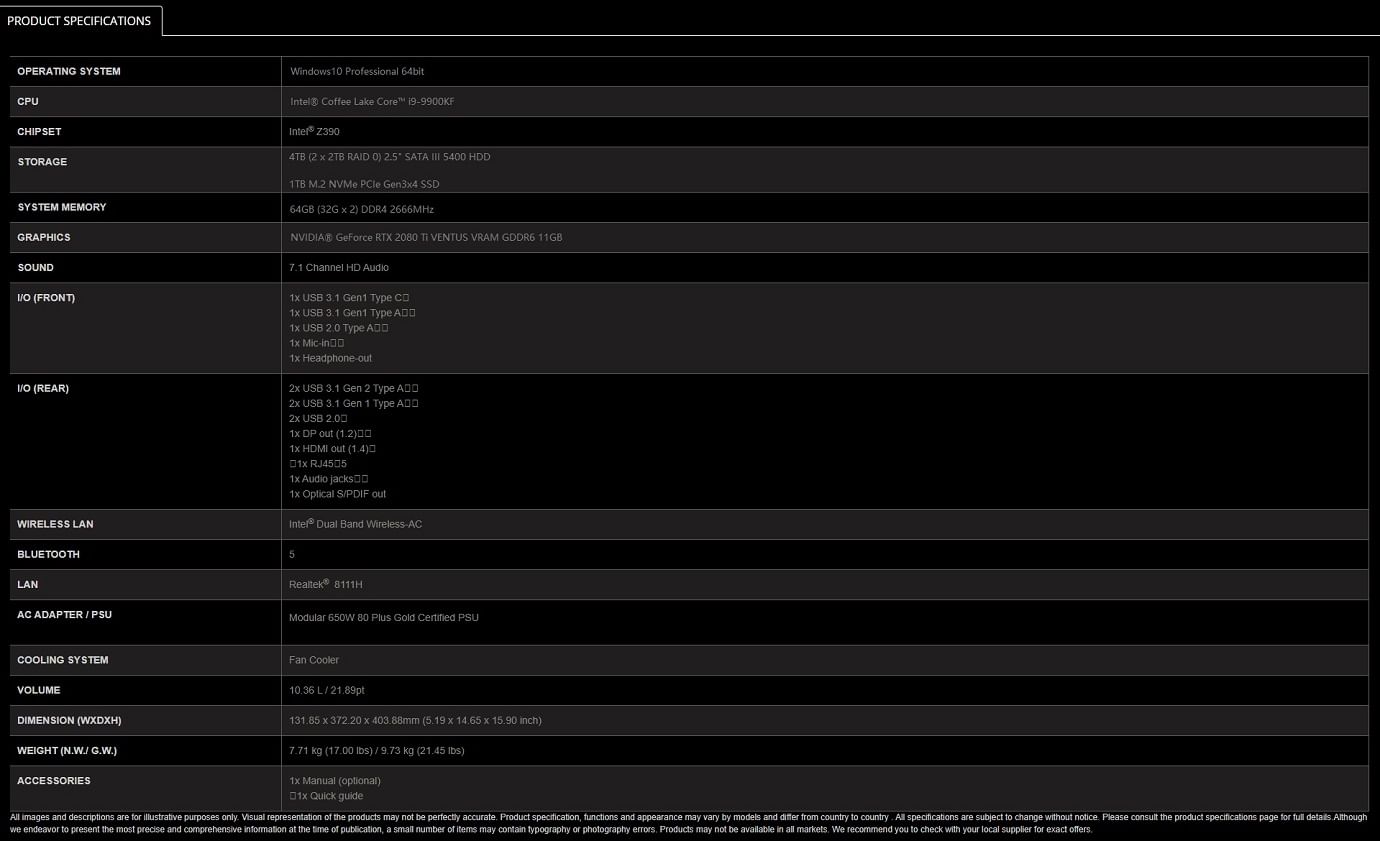 MSI Prestige P100 Creator Desktop PC, i9-9900KF, RTX 2080 Ti, 64GB, 1TB ...