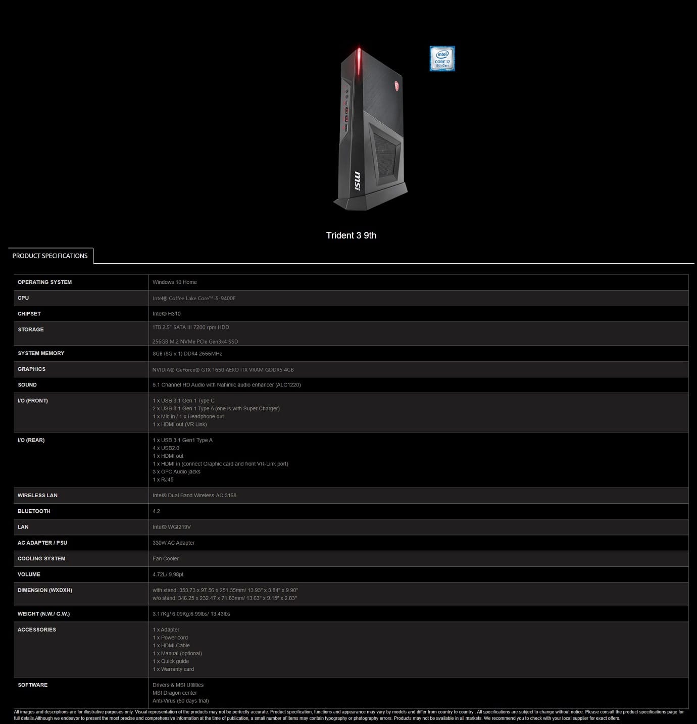 MSI Trident 3 Gaming Desktop PC, i5-9400F/GTX 1650 AERO ITX/8GB/256GB ...