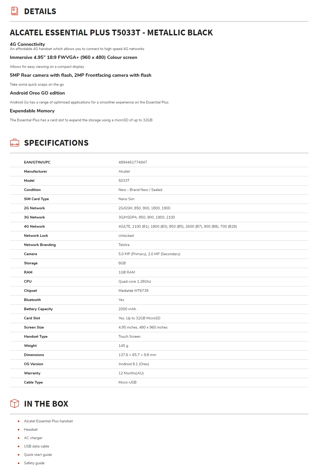 Alcatel Essential Plus 5033T (Locked to Telstra) - Metallic Black